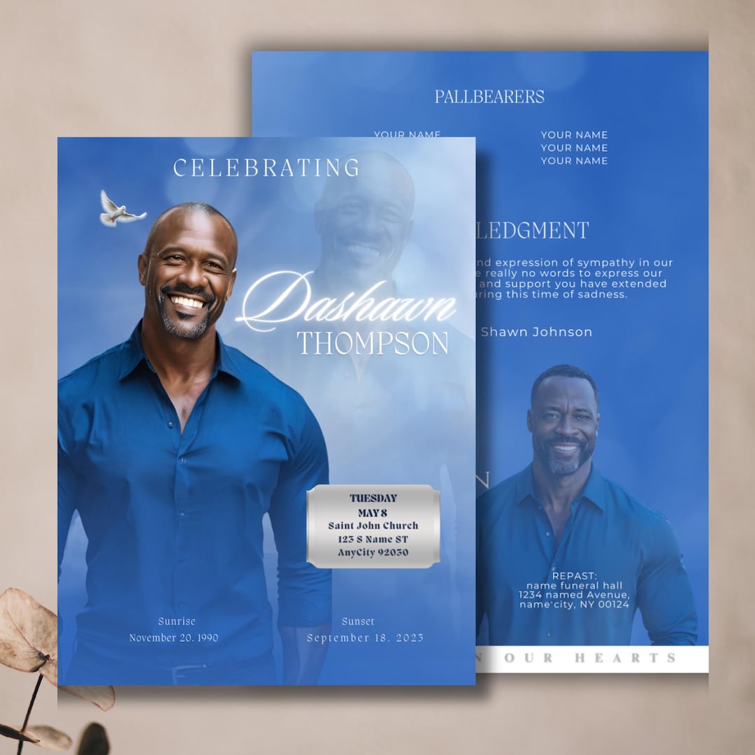 Elegant Blue Funeral Program | Memorial Obituary Canva Template - Etsy