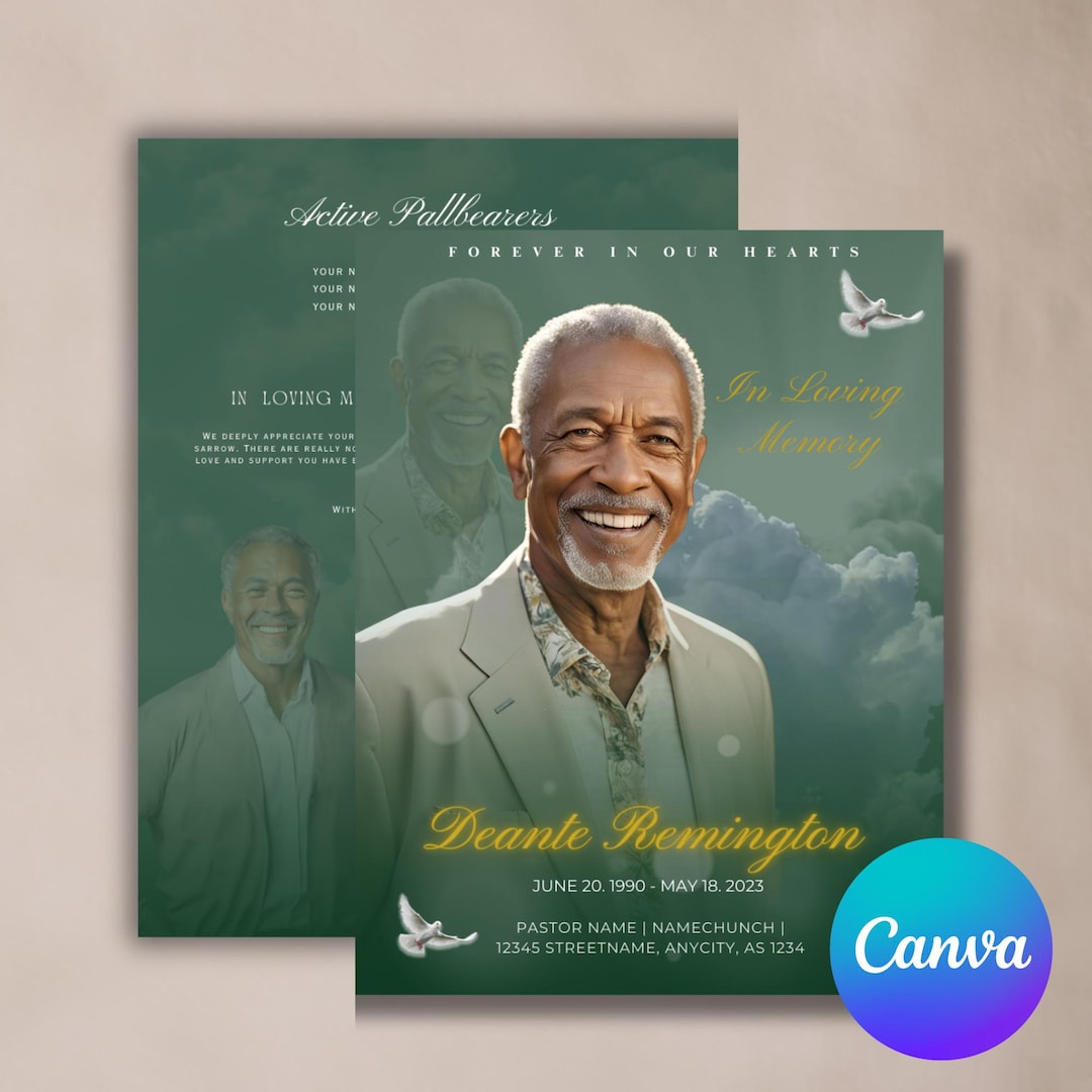 Green Memorial Program Template | Funeral Obituary (canva, Digital ...