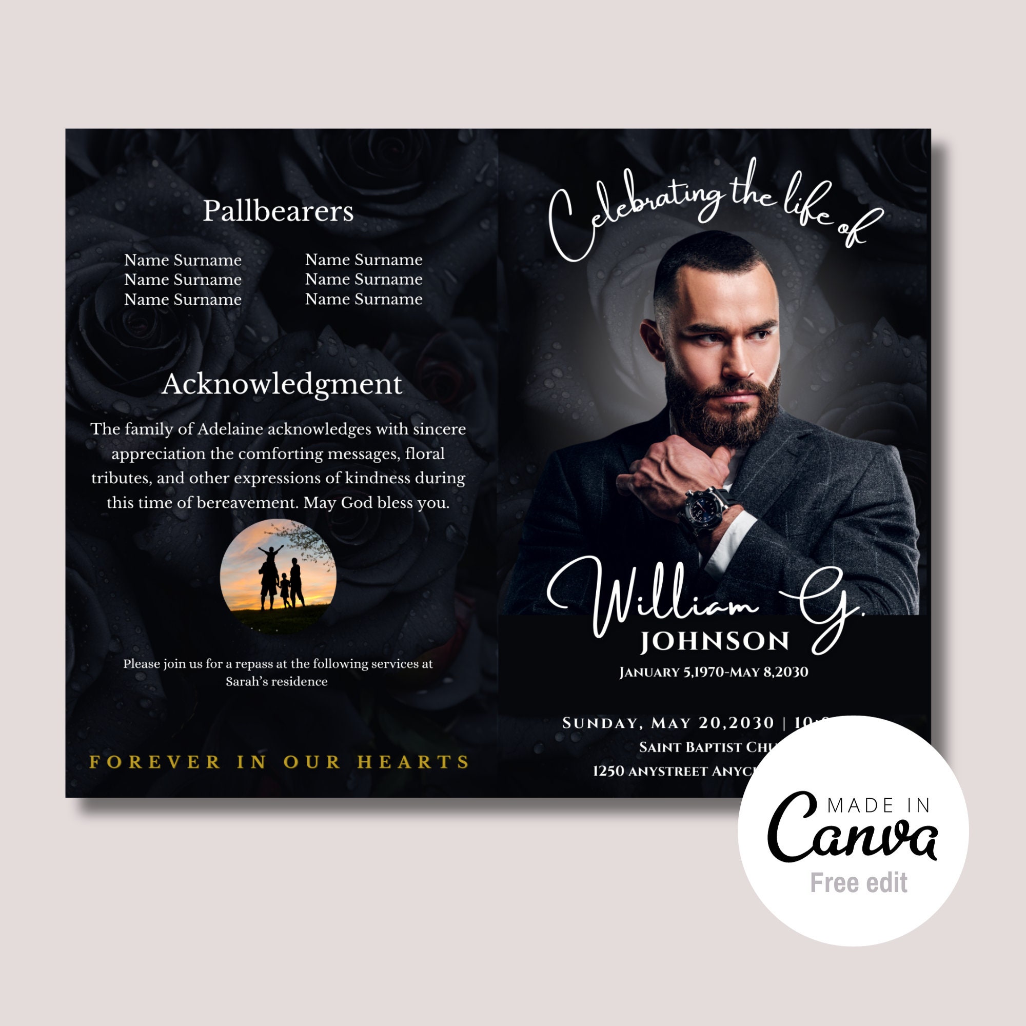 Funeral Program Template for Man Masculine Funeral Program Celebration ...