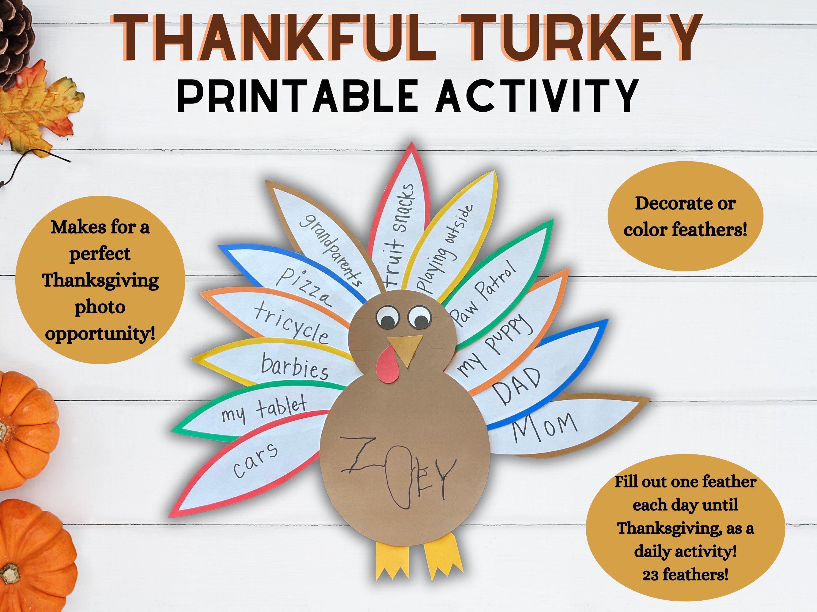Thankful Turkey Craft Printable: Kid's Thanksgiving Activity (PDF) - Etsy