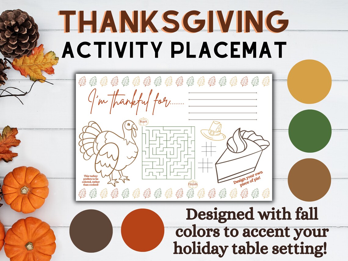 Thanksgiving Activity Placemat, Kids Coloring and Games, Printable ...