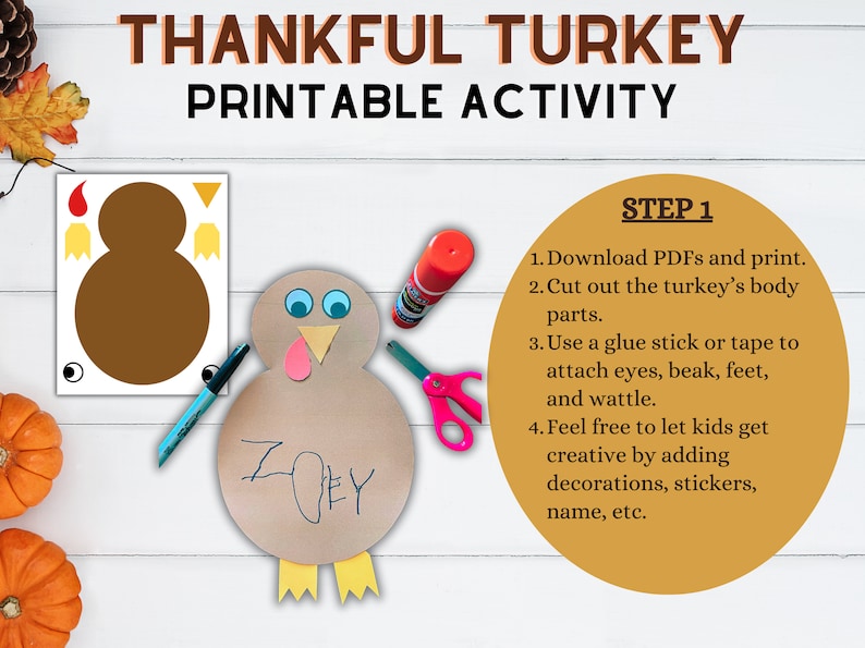 Thankful Turkey Craft Printable: Kid's Thanksgiving Activity (PDF) - Etsy