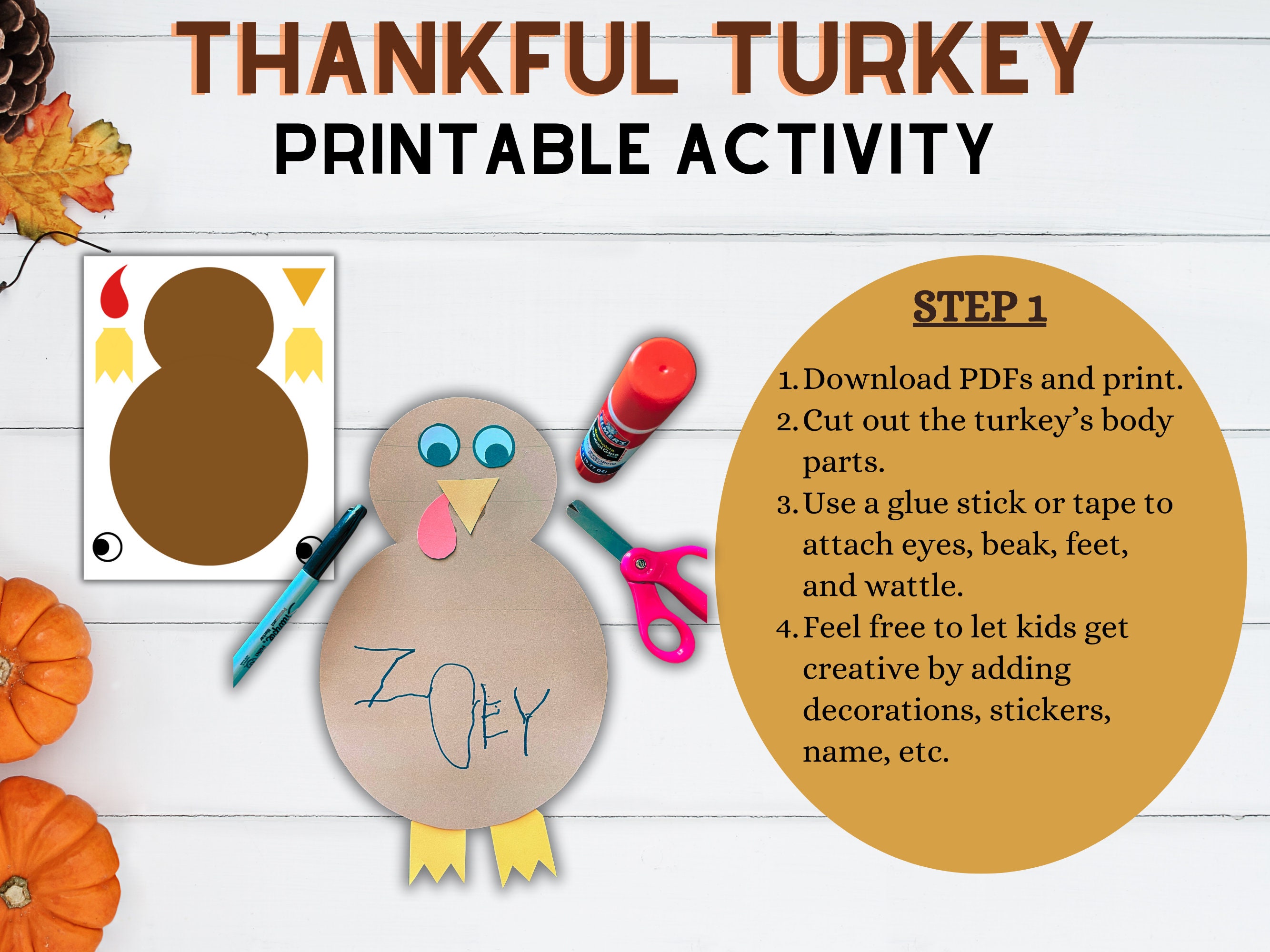 Thankful Turkey Craft Printable: Kid's Thanksgiving Activity (PDF) - Etsy