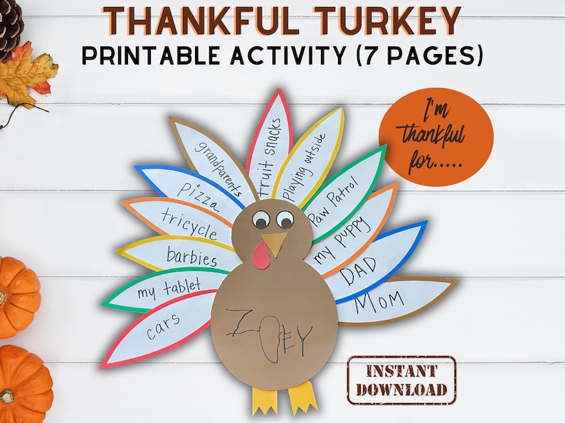 Thankful Turkey Craft Printable: Kid's Thanksgiving Activity (PDF) - Etsy