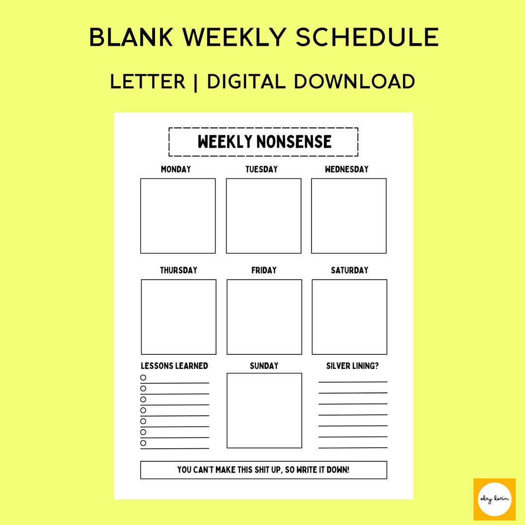 Blank Weekly Schedule, Nonsense Diary, Undated Weekly Schedule, Weekly ...