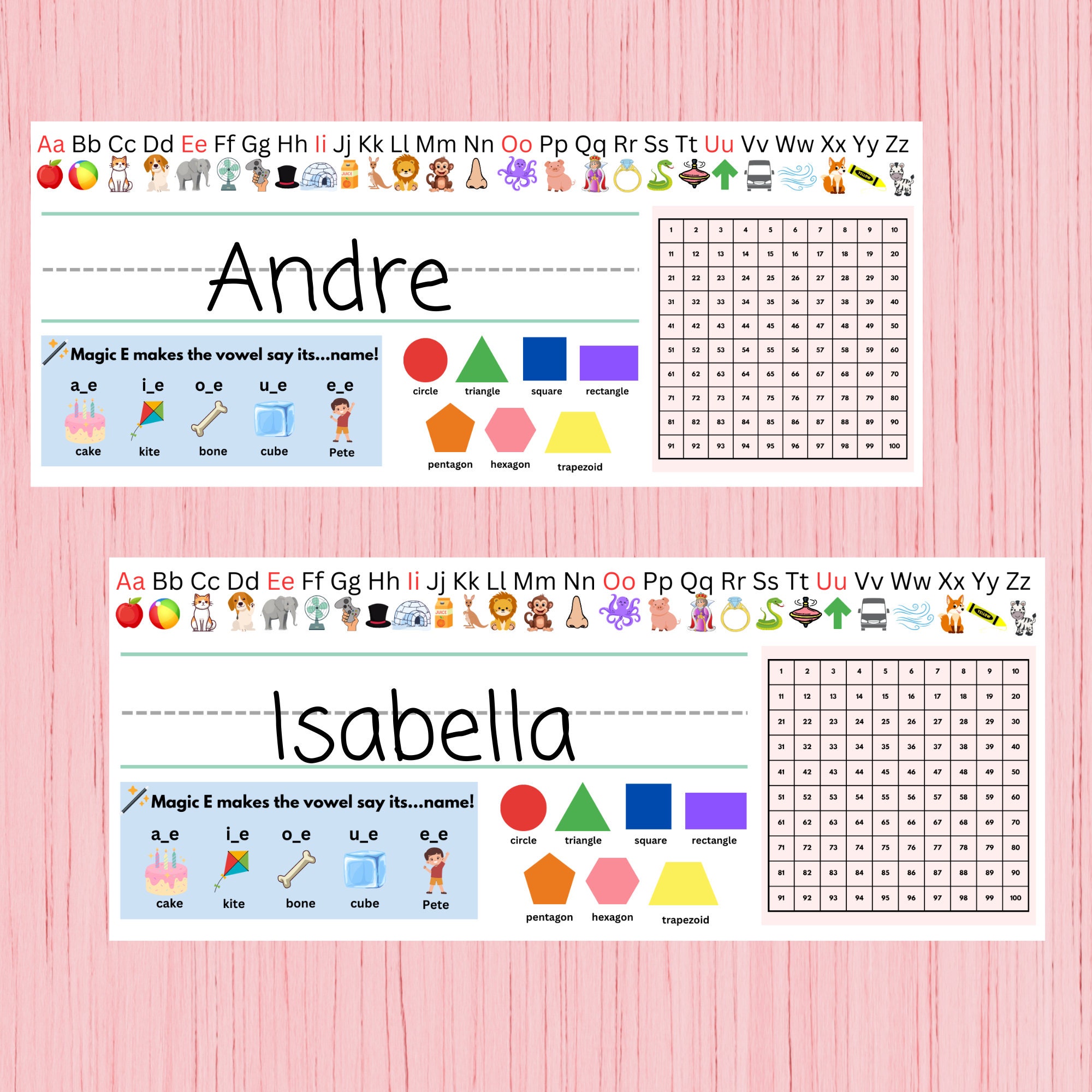 Printable Name Plates for Student Desks (magic E, Hundreds Chart ...