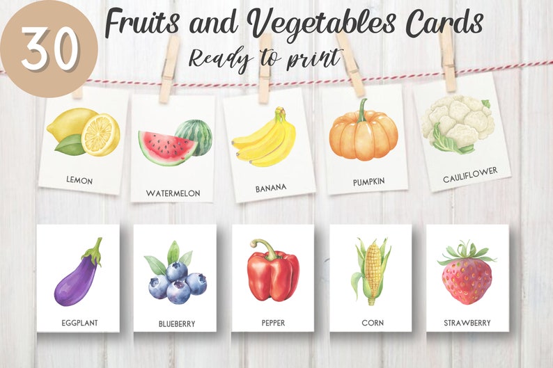 30 Fruits and Vegetables Cards Montessori Flashcards Pre-school Cards ...