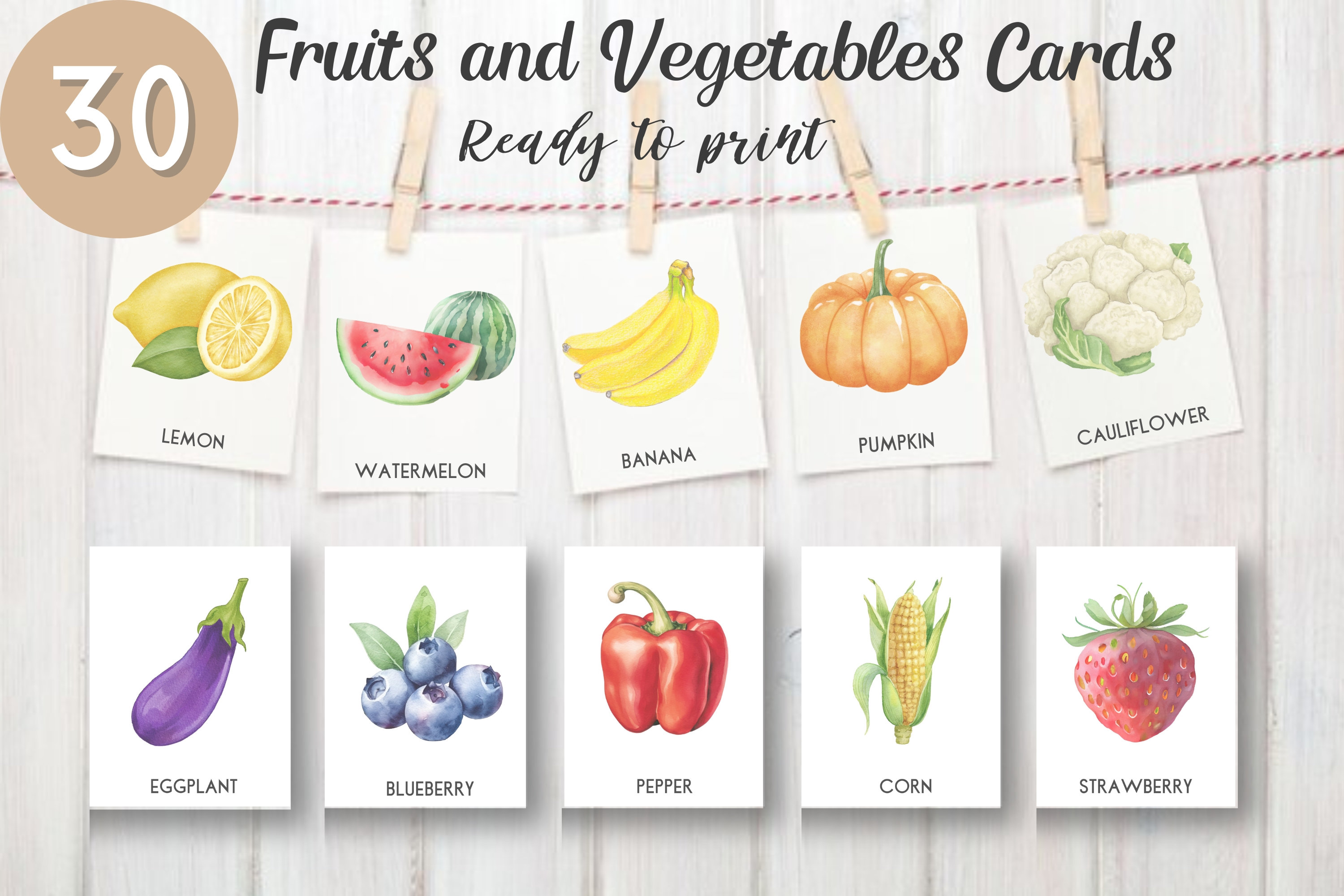 30 Fruits and Vegetables Cards | Montessori Flashcards | Pre-school ...