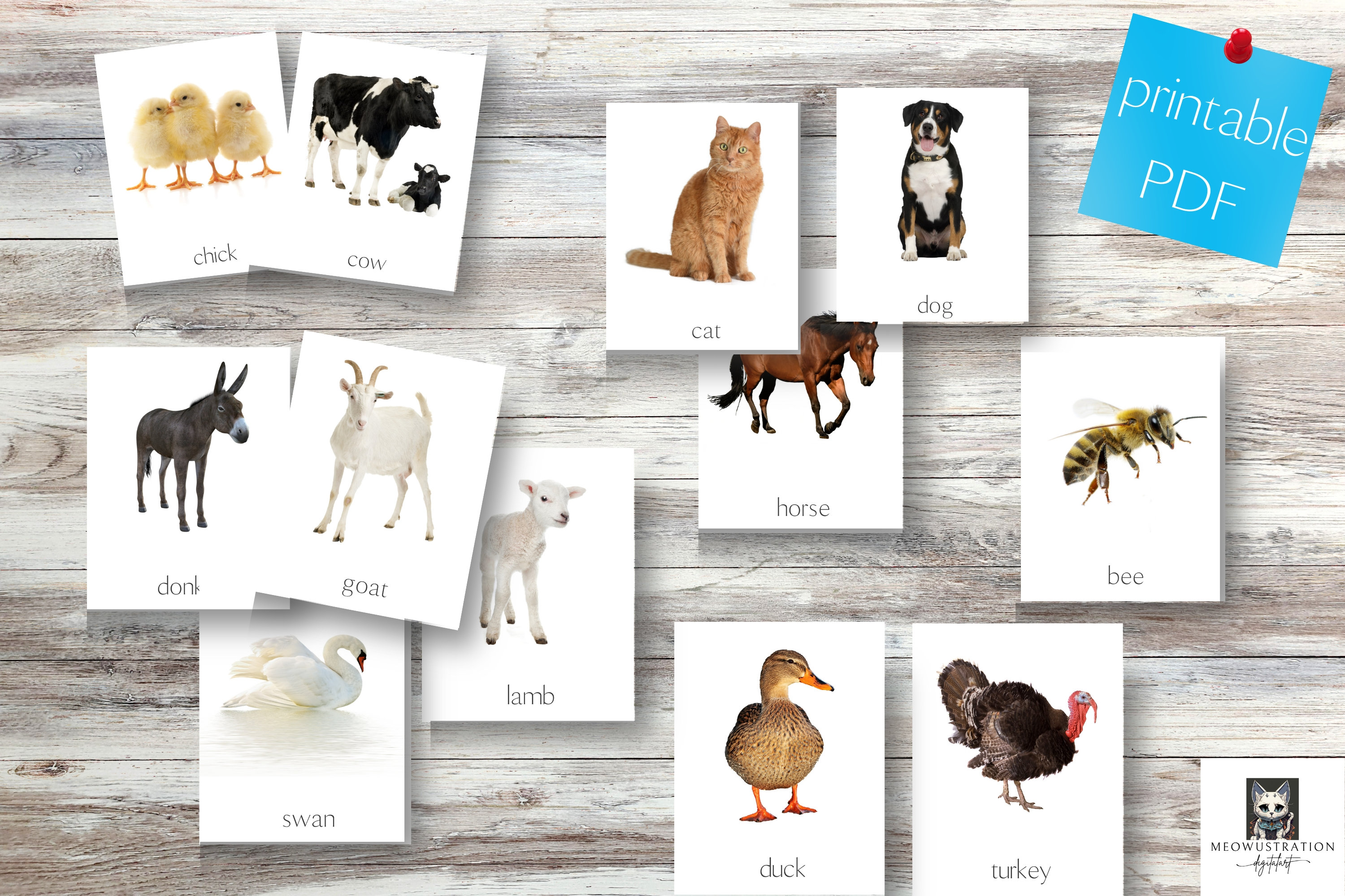 FARM ANIMALS • 12 Printable Montessori Cards • Flash Cards Nomenclature ...