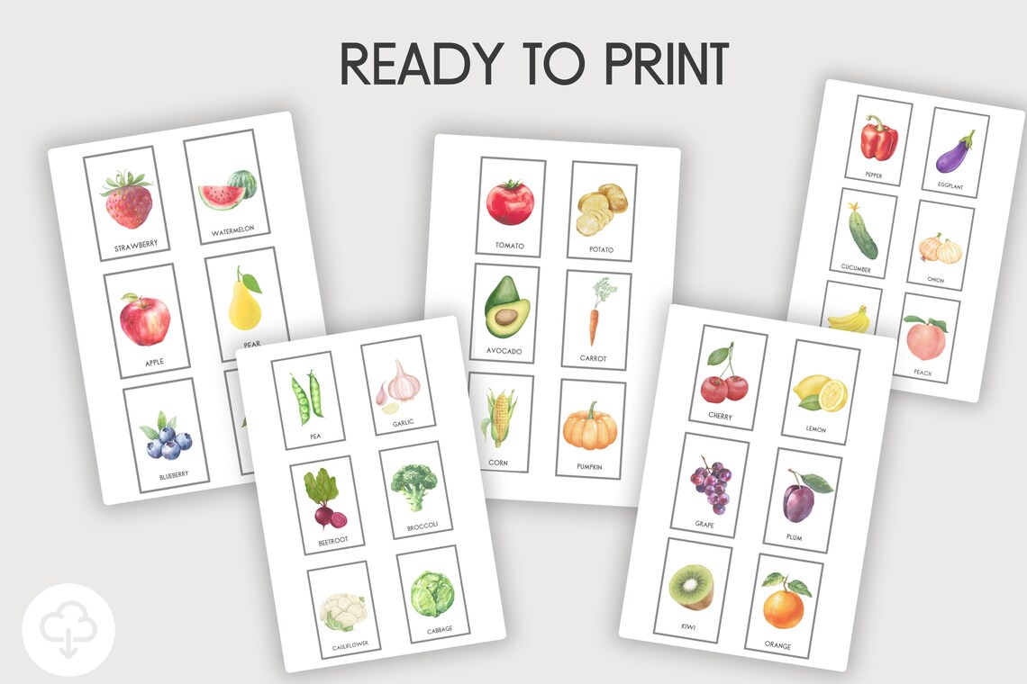 30 Fruits and Vegetables Cards Montessori Flashcards Pre-school Cards ...