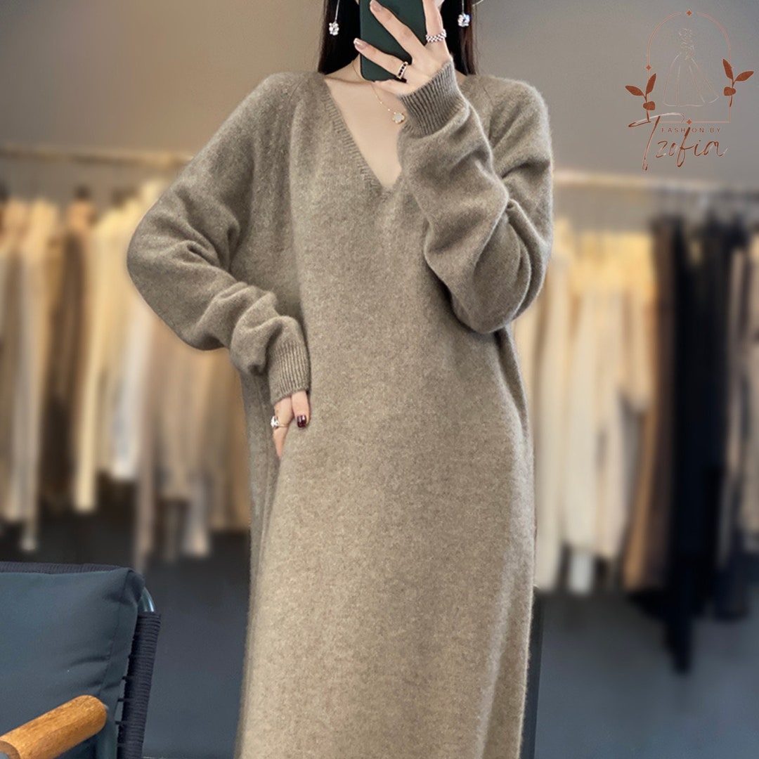Warm Winter Dress for Women Pure Wool Knitwear Women's V-neck Dress ...