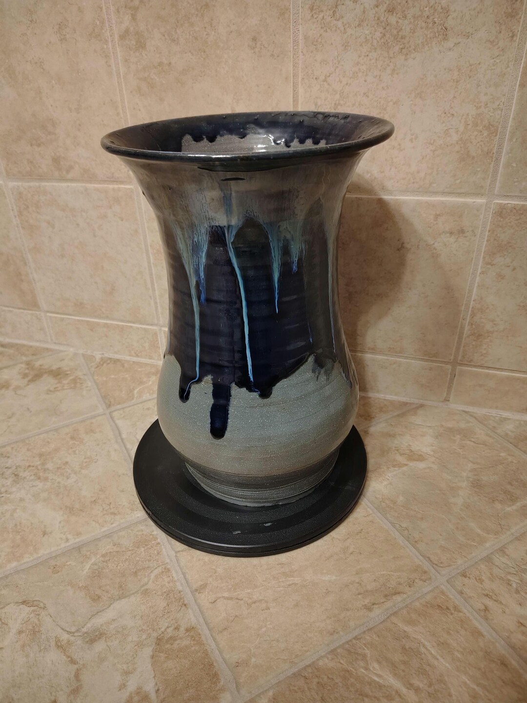 Grey Stoneware Vase With Blue Drippy Glaze. 10 Inches Tall, 6.5 Inches ...