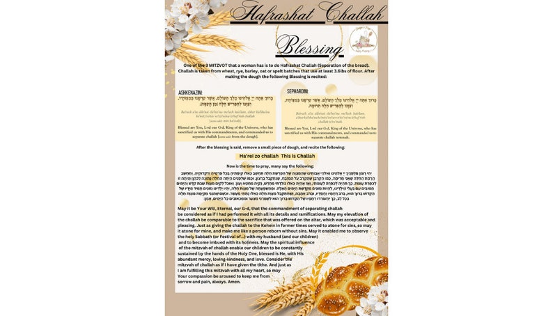 Challah Blessing Hafrashat Challah Prayer Shabbat Home Decor - Hebrew ...