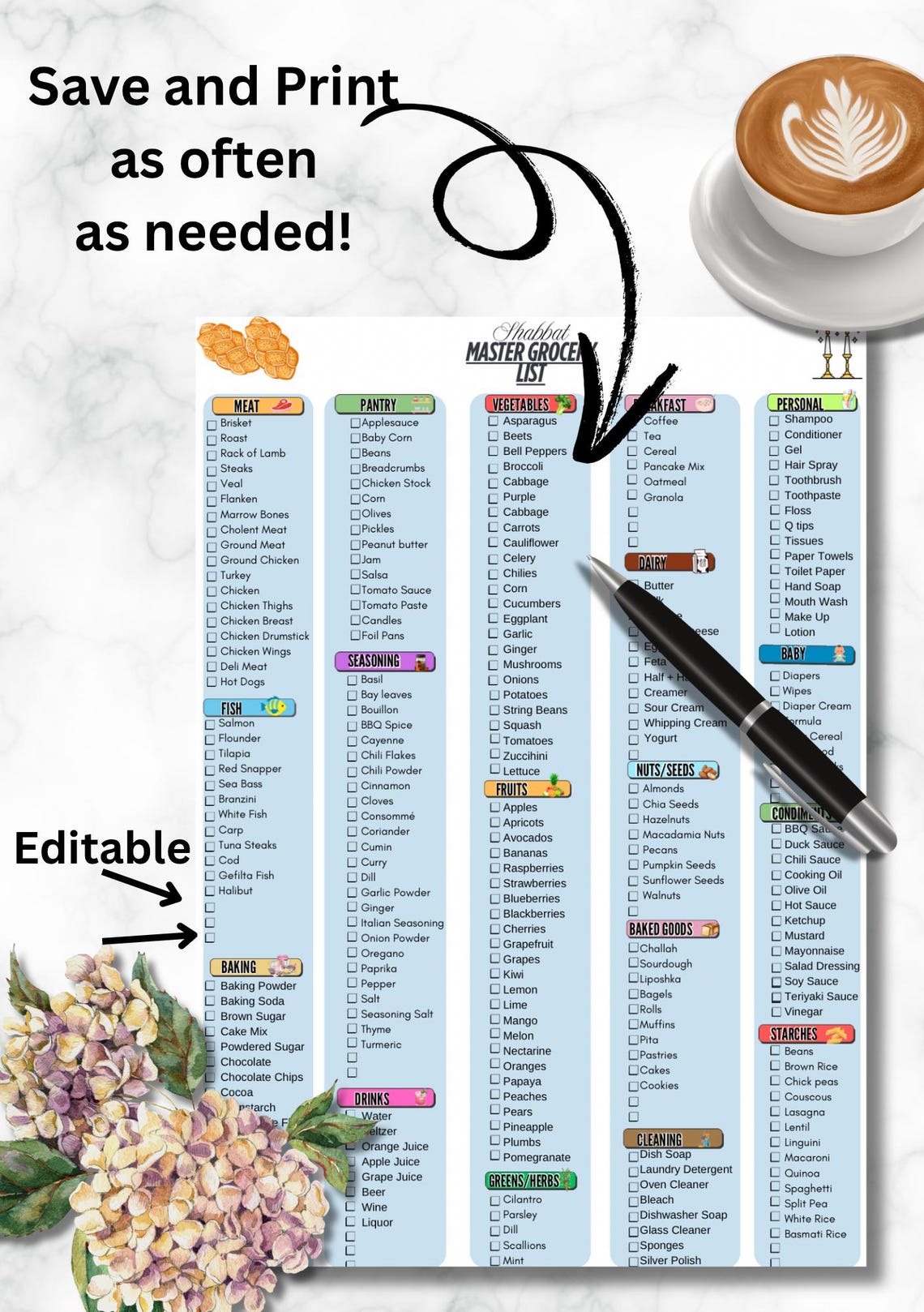 Shabbat Master Grocery List | Printable Kosher Meal Prep Checklist ...