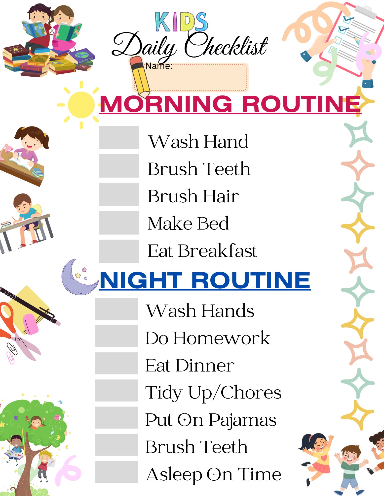 Kids Daily Chore Chart Back to School Morning and Night Routine ...