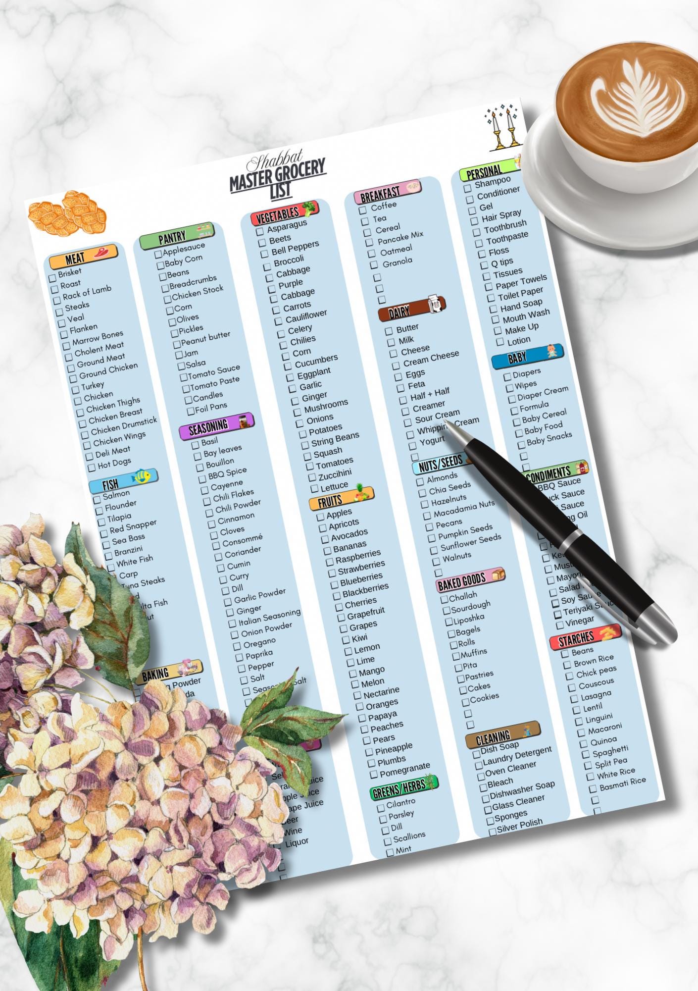 Shabbat Master Grocery List | Printable Kosher Meal Prep Checklist ...