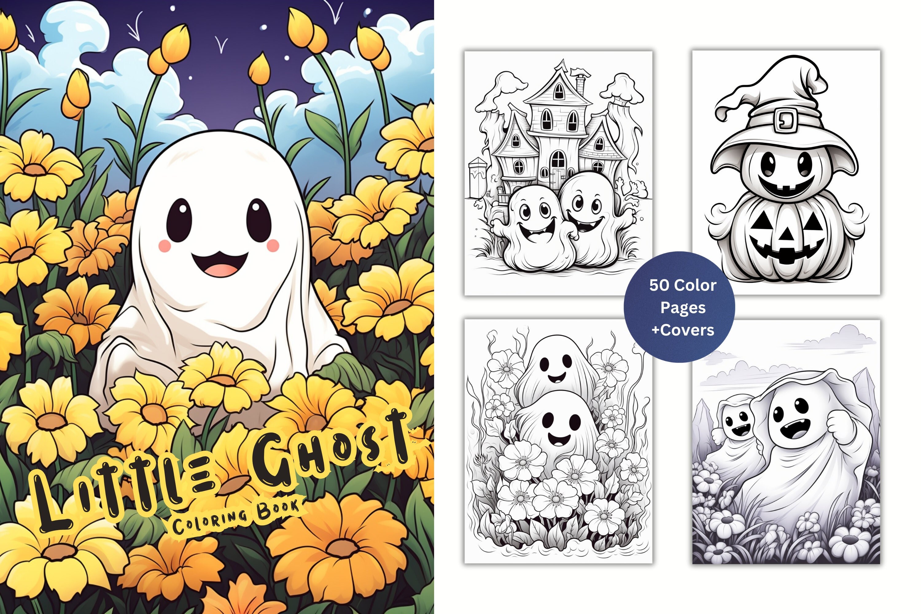50 Little Ghosts Coloring Book Page, Adults Kids Instant Download ...