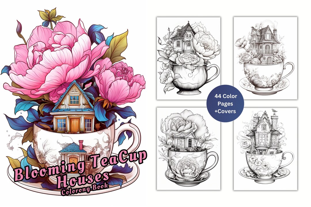 Teapot Fairy Homes Coloring Book, Grayscale Flower Houses (PDF ...
