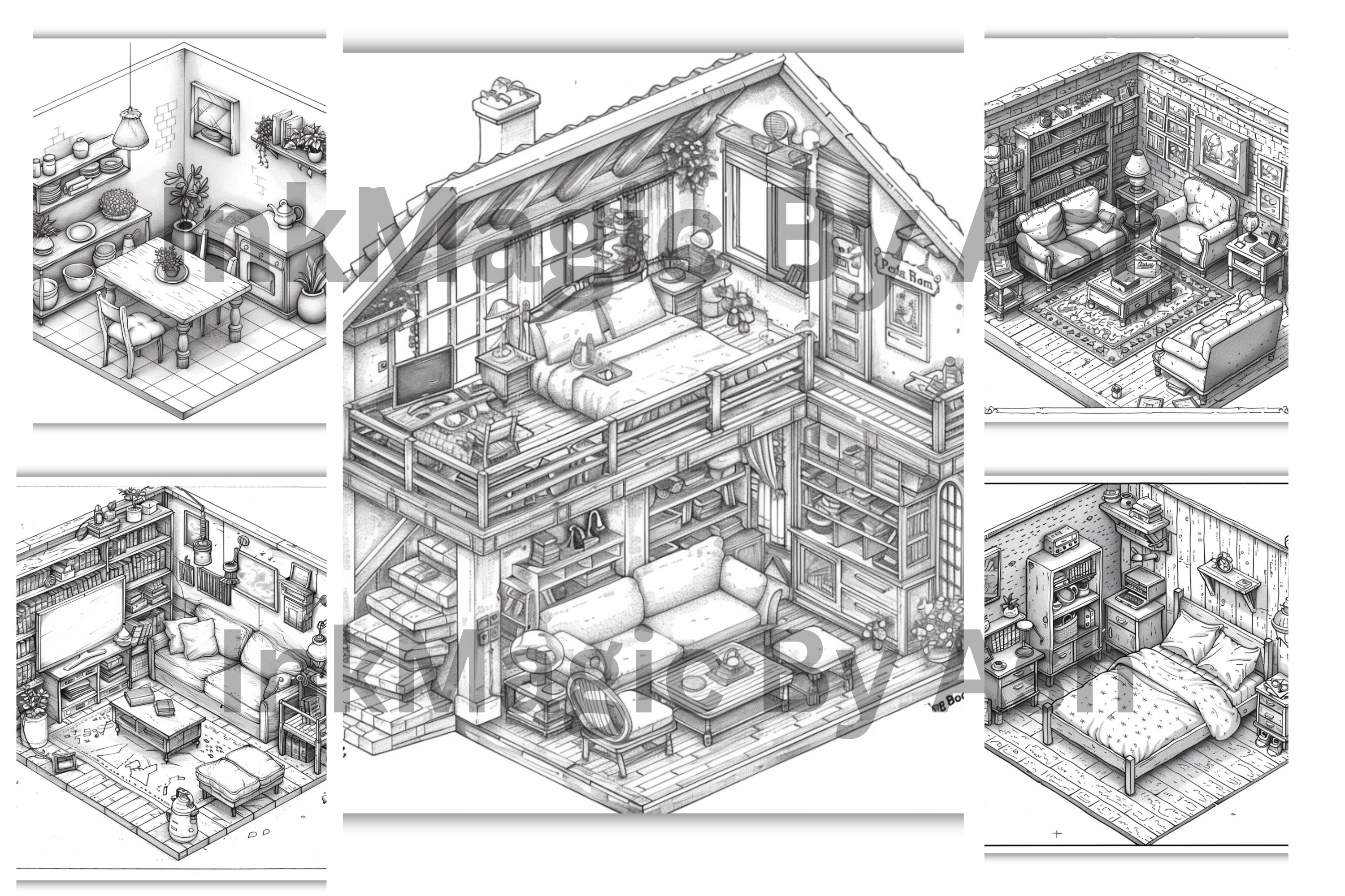 Pocket Room V3 Coloring Book for Relaxing,interior Isometric for Adult ...