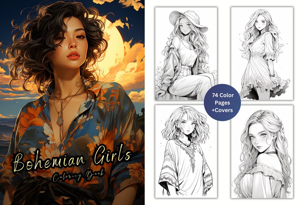 Bohemian Style Digital Coloring Book Fashion Girls Coloring Pages ...