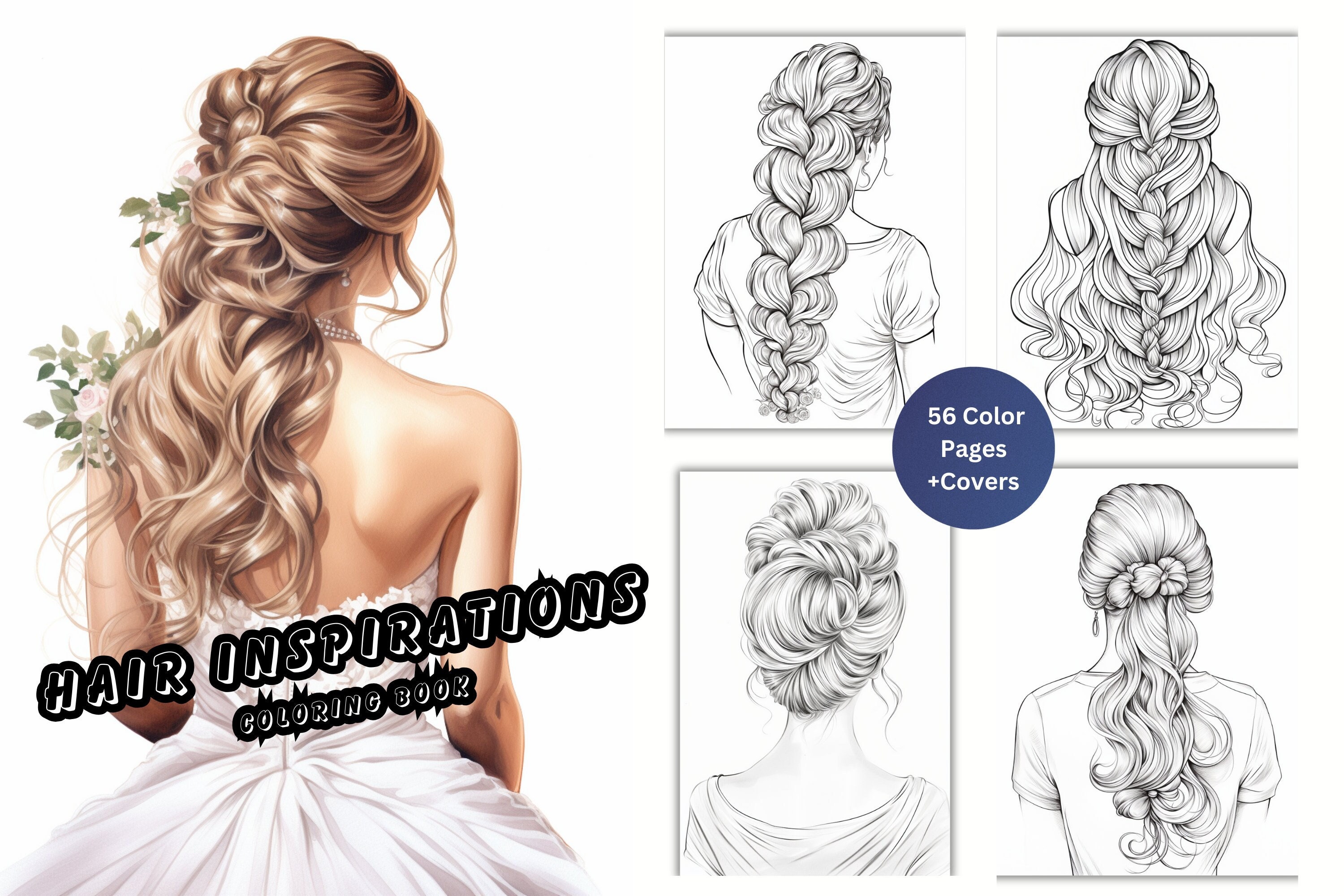 Beautiful Hair Coloring Page Book, Adults + Kids Instant Download ...