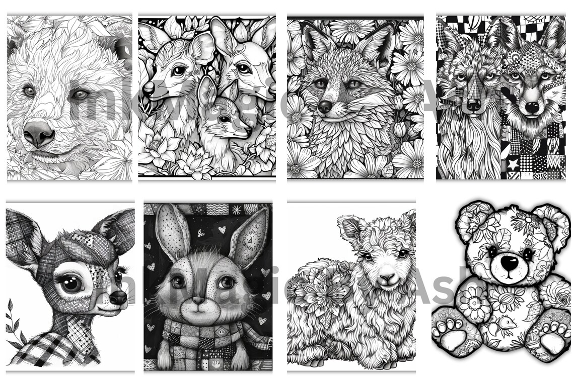 Patchwork Animals Coloring Book Vol 1 I Grayscale Coloring Pages for ...