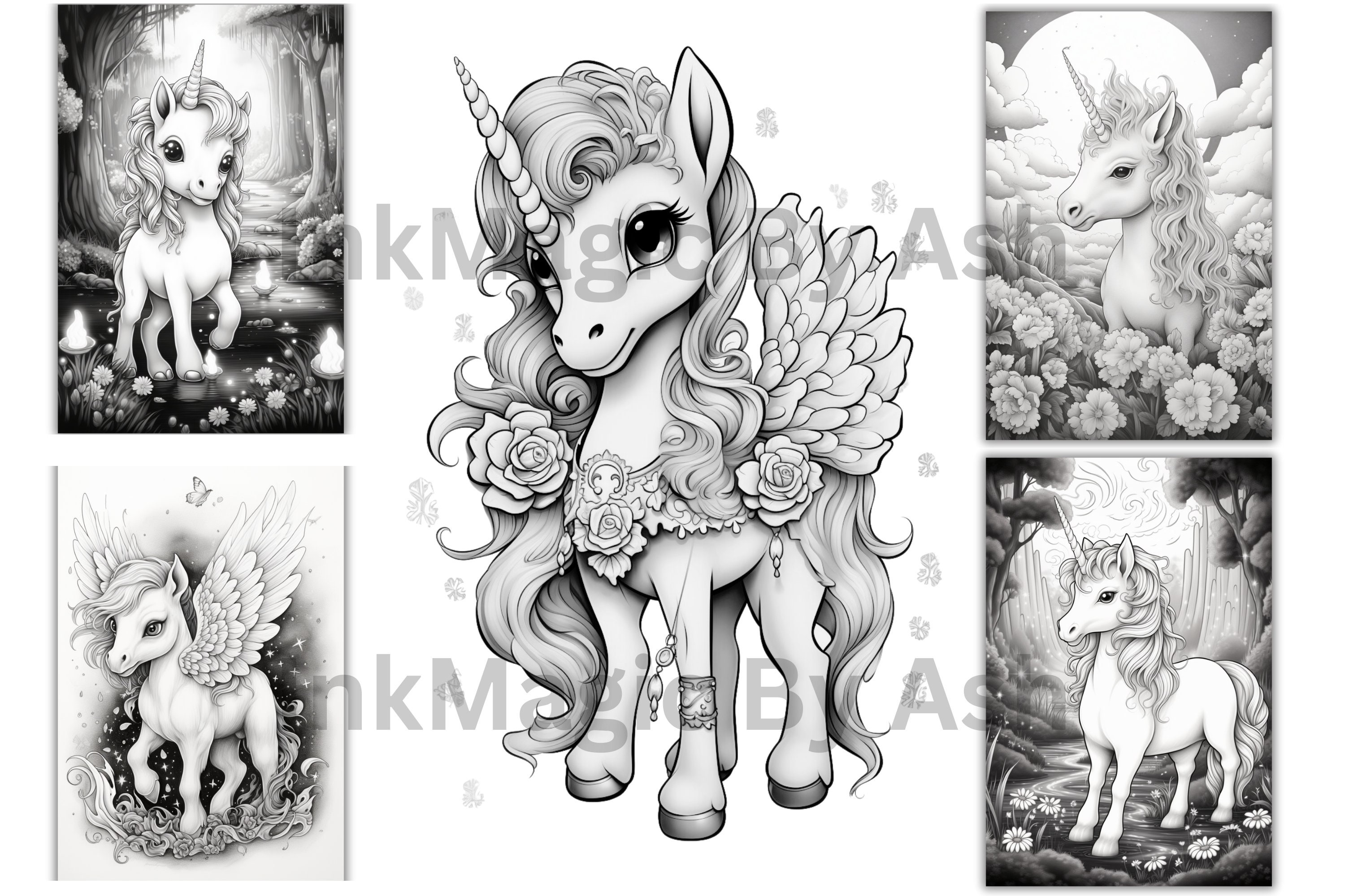 57 Floral Unicorns Fantasy Coloring Pages Book, Adults + Kids- Instant ...