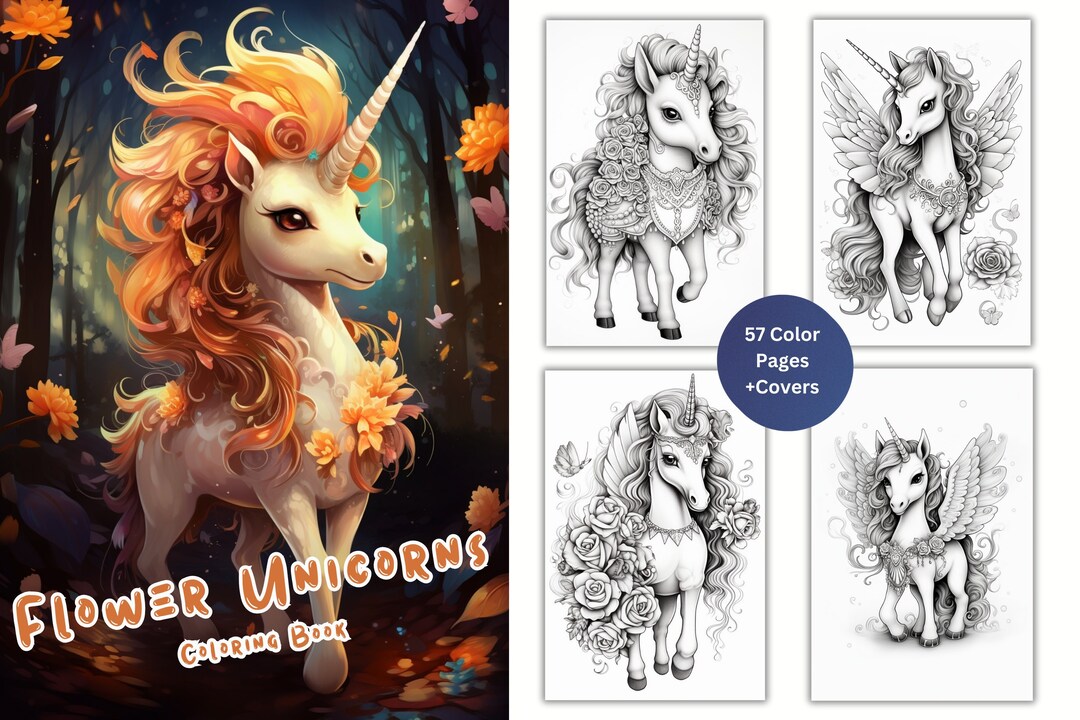 57 Floral Unicorns Fantasy Coloring Pages Book, Adults + Kids- Instant ...