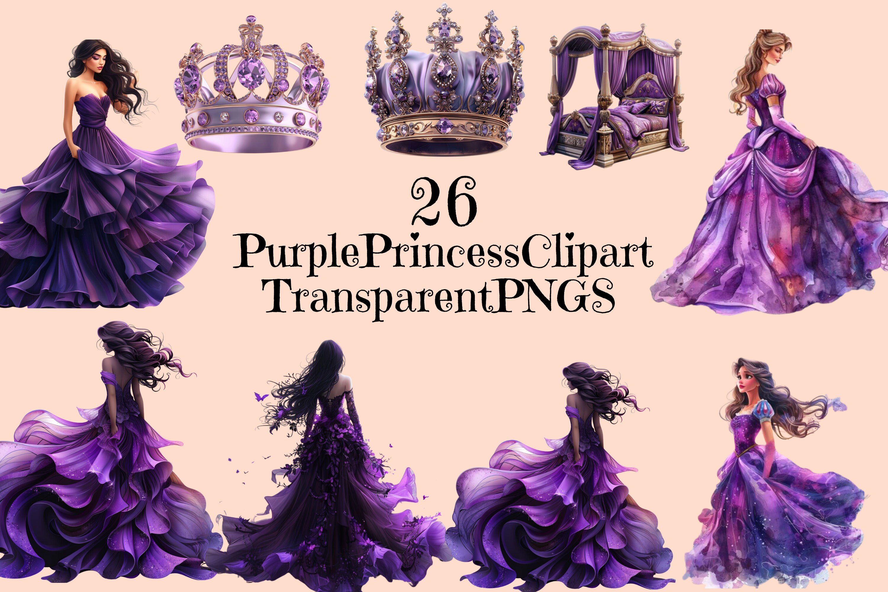 26 Purple Watercolor Princess Clipart,princess PNG Bundle, Majestic ...