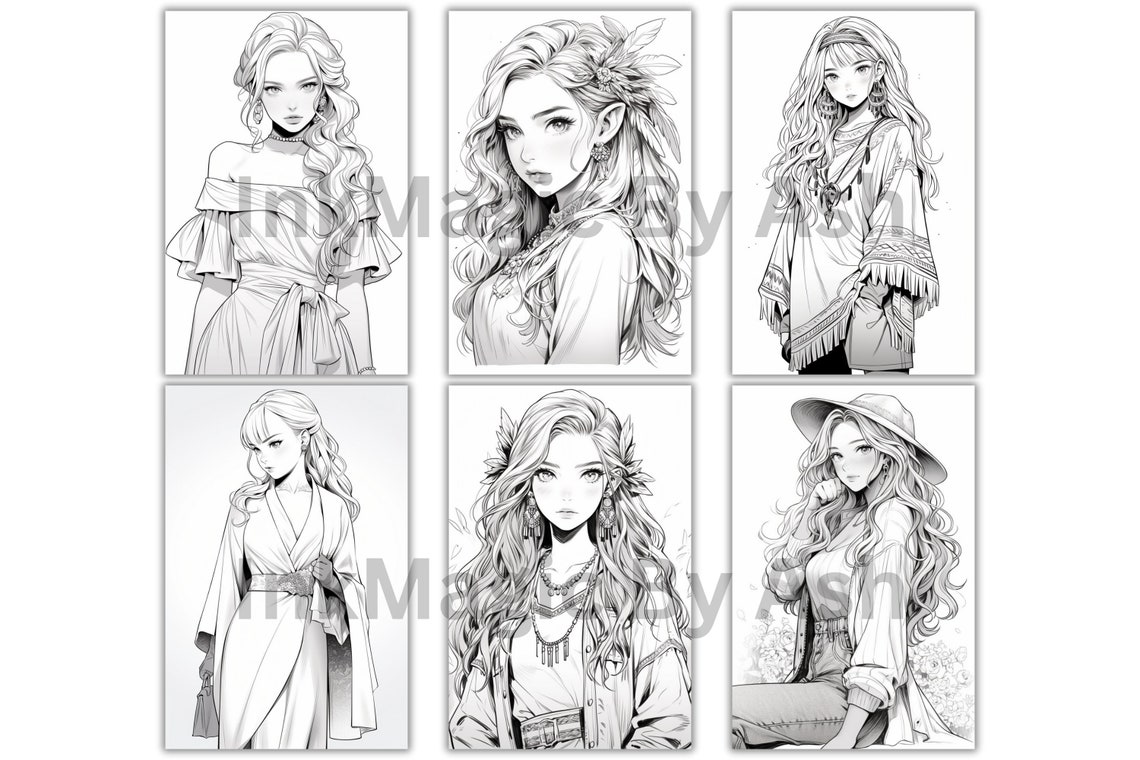 Bohemian Style Digital Coloring Book Fashion Girls Coloring Pages ...