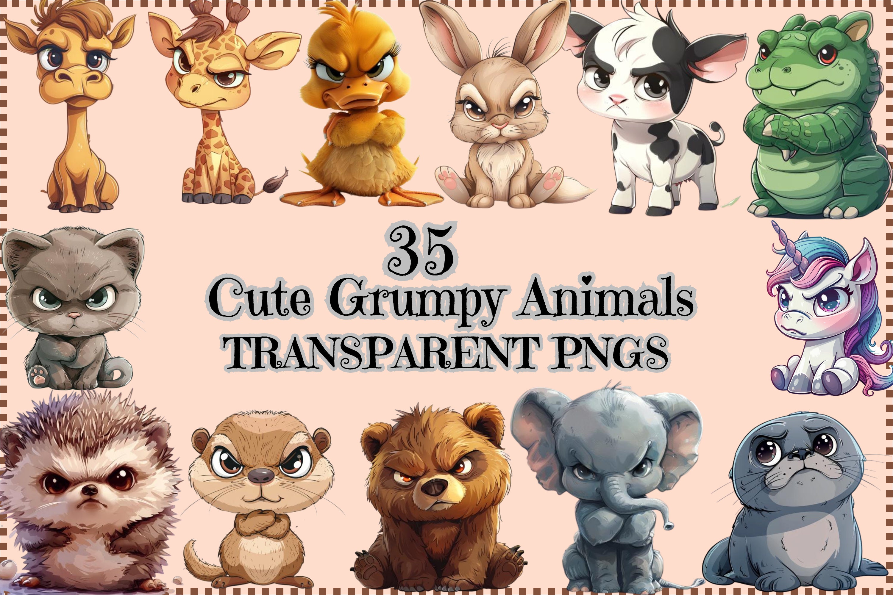 35 Cute Grumpy Baby Animals Clipart Bundle - Watercolor Angry Wild Life ...