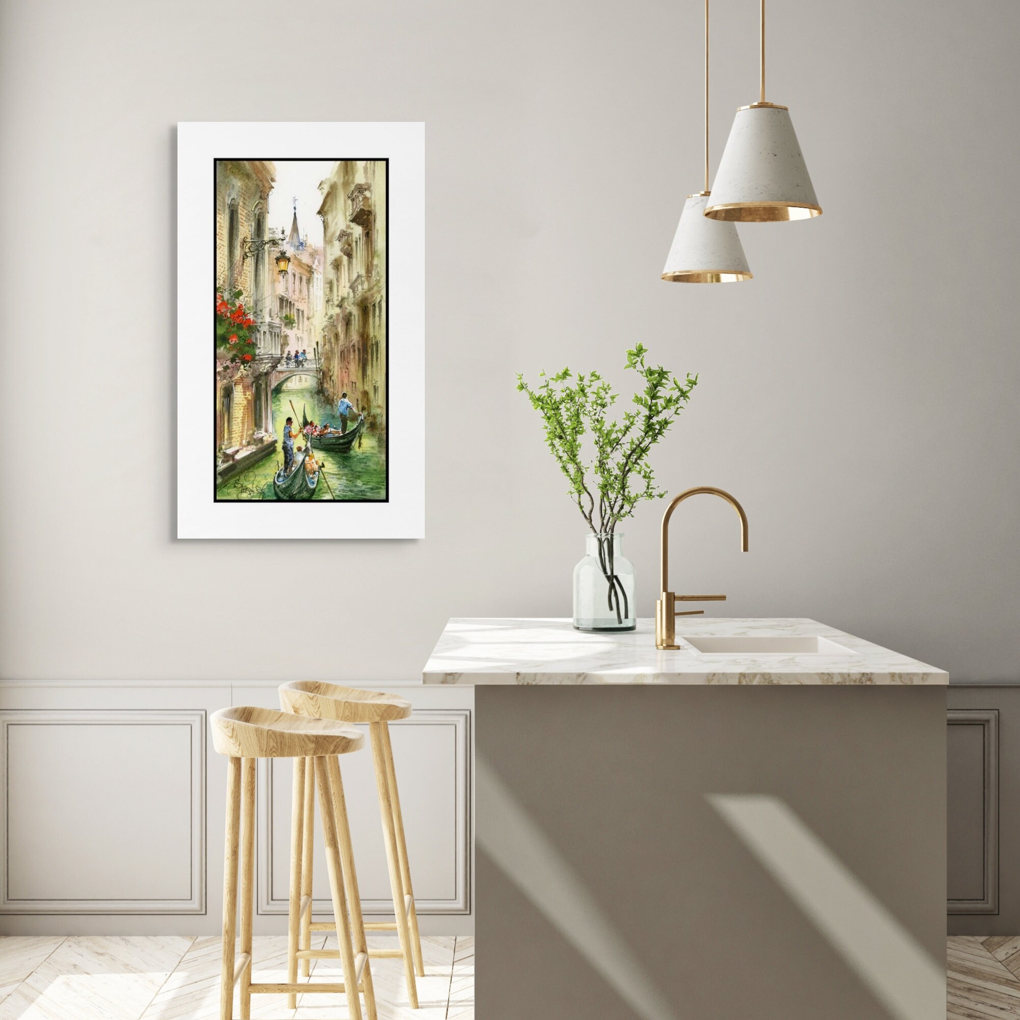 Watercolor Original Paintings on Paper. Gondolas on Narrow Canals ...