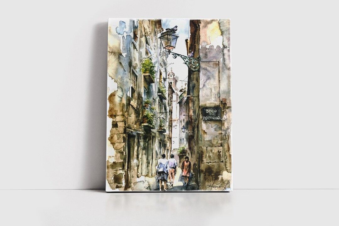Lisbon Downtown Street Watercolor Painting Wall Art Decor Portugal ...