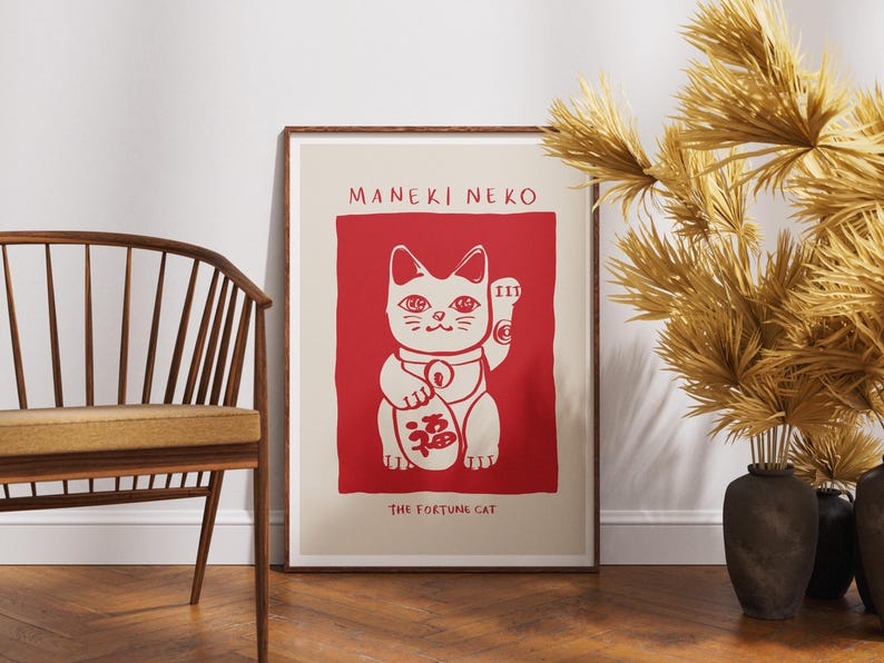 Maneki Neko Wall Art, Lucky Cat Print, Japanese Wall Art, Fortune Cat ...