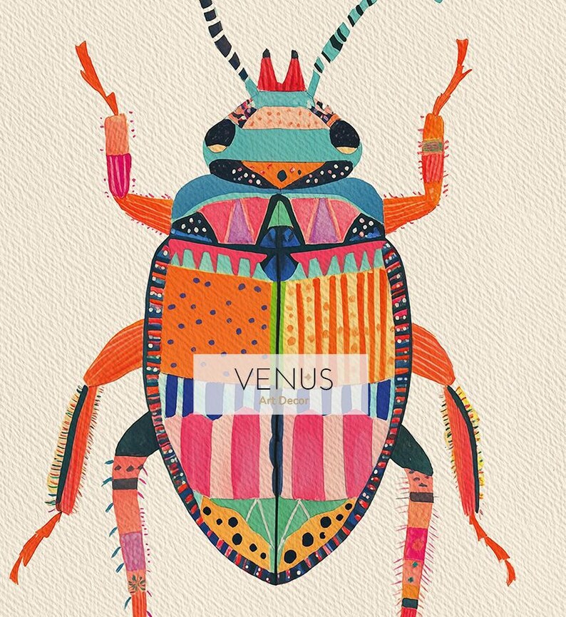 Colorful Beetle Art Print, Insect Wall Decor, Modern Bug Illustration ...
