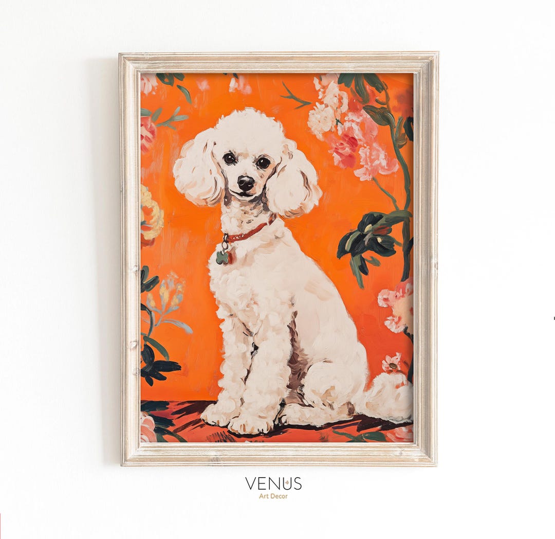 Elegant White Poodle Art Print, Vintage Floral Dog Portrait, Poodle ...