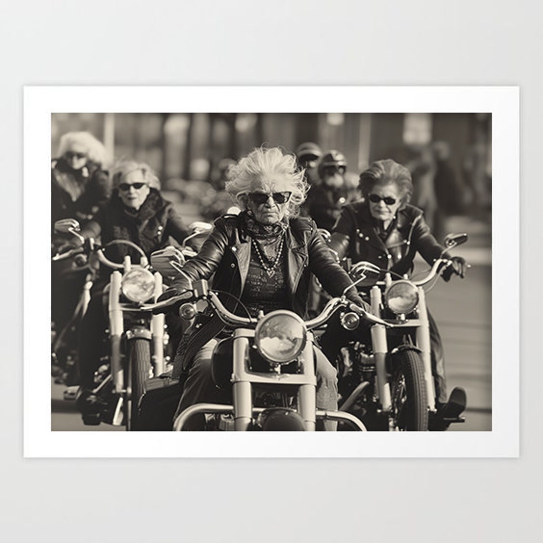 Vintage Grandmothers Riding Harley Davidson, Old Women Bikers Print ...