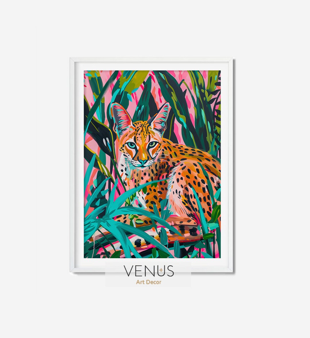 Tropical Serval Art Print, Wild African Cat Illustration, Vibrant Wild ...