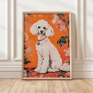 Elegant White Poodle Art Print, Vintage Floral Dog Portrait, Poodle ...