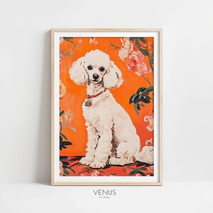Elegant White Poodle Art Print, Vintage Floral Dog Portrait, Poodle ...