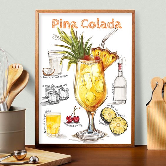 Pina Colada Cocktail Kitchen Print, Food & Drink Poster, Tropical ...