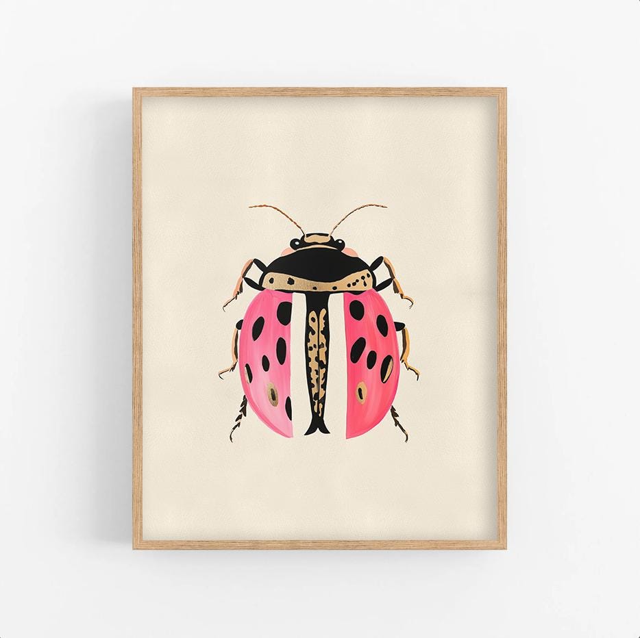 Ladybug Art Print, Pink and Gold Bug Illustration, Bug Prints ...