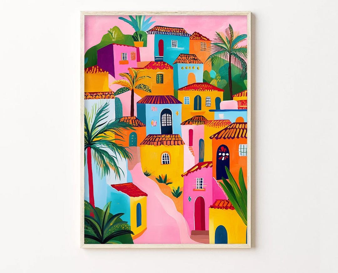 Mexican Village Wall Art, Colorful Mexican Art, Mexico Poster, Vibrant ...