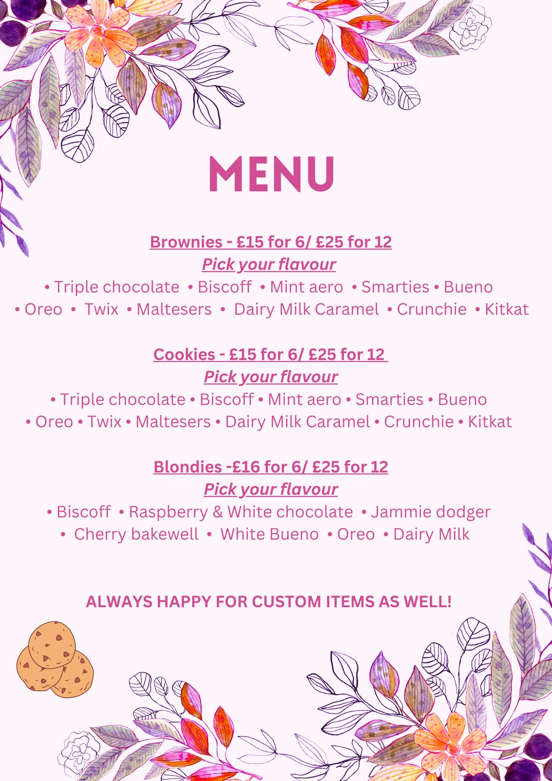 Customisable Menus - Floral/cute Menu - Etsy