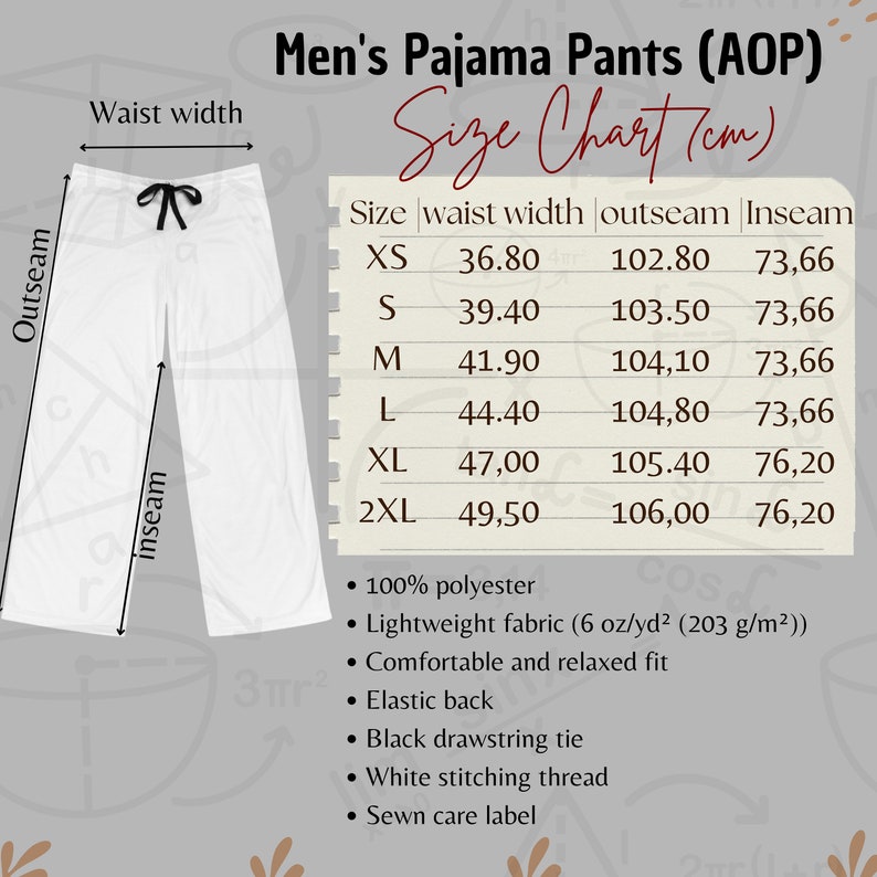 Men's Pajama Pants Size Chart, AOP Pajama Pants Size Guide, Printify ...