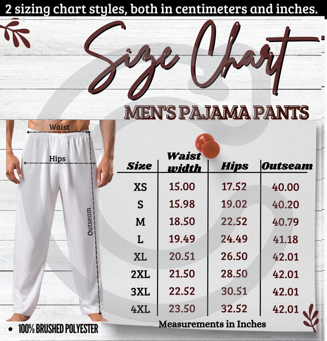 Men's Pajama Pants AOP Size Chart, Pajama Pants Size Guide Men, Men's ...