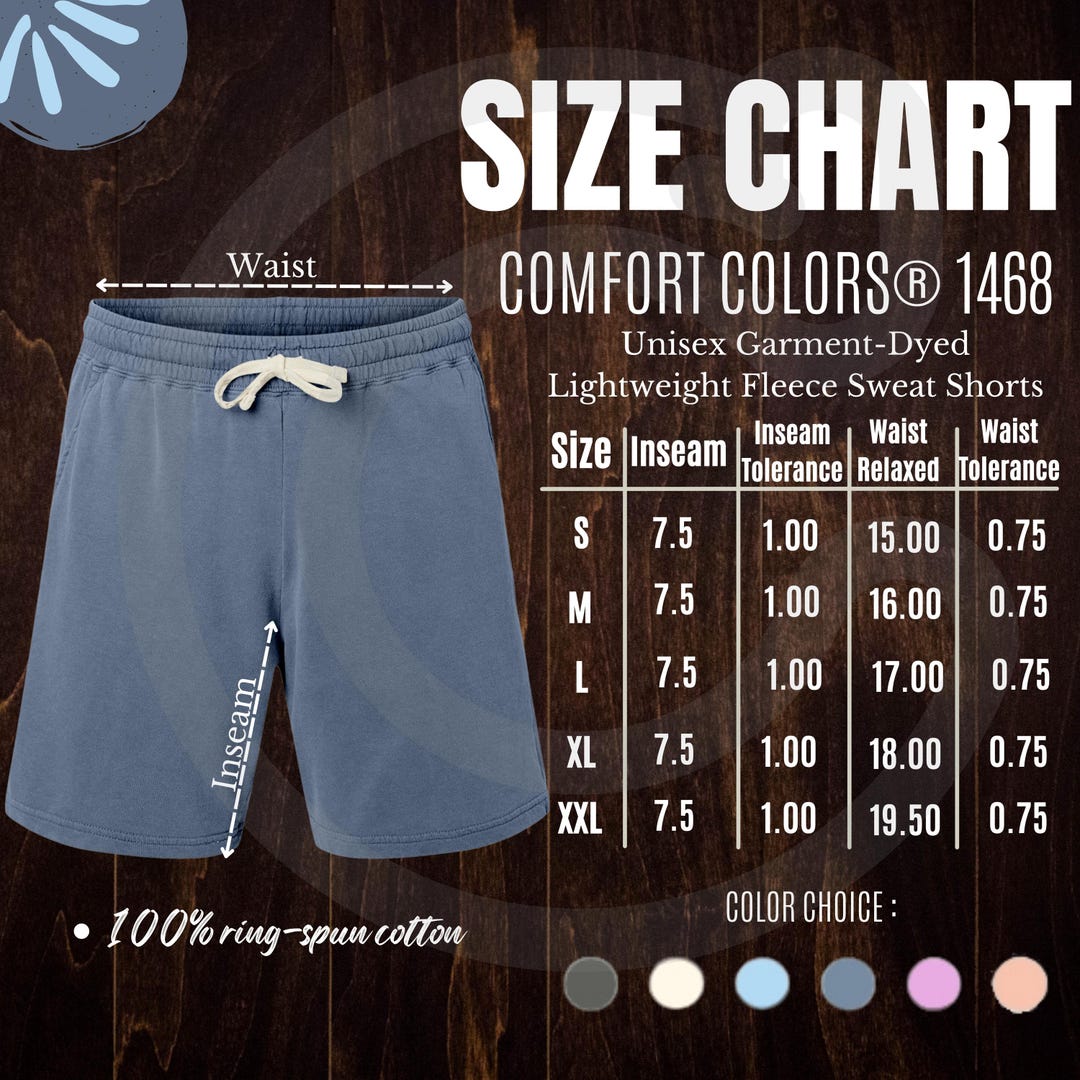Comfort Colors 1468 Size Chart, Unisex Sweat Shorts Guide, Shorts Size ...