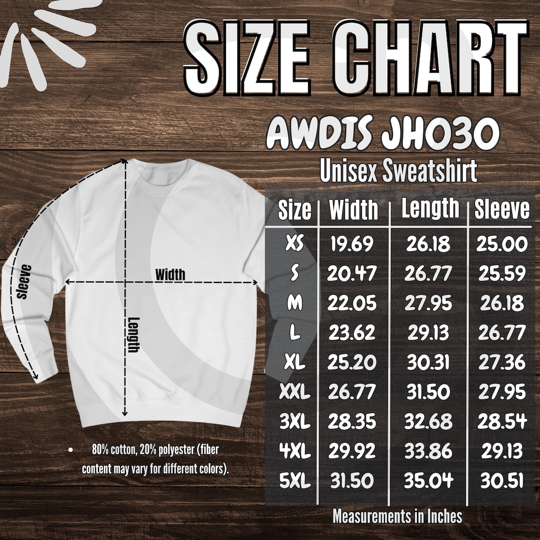 AWDIS JH030 Size Chart, Unisex Sweatshirt Sizing Guide, AWDIS ...