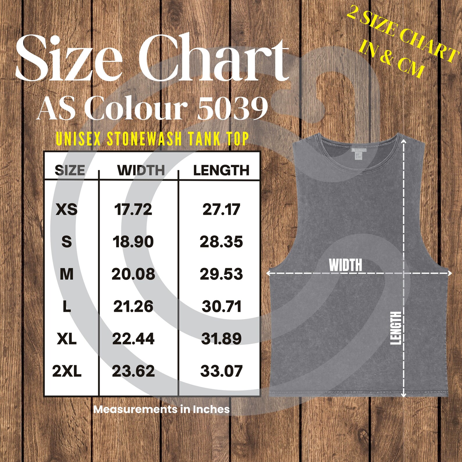 Unisex Stonewash Tank Top Size Chart, Stonewash Tank Sizing Chart, AS ...