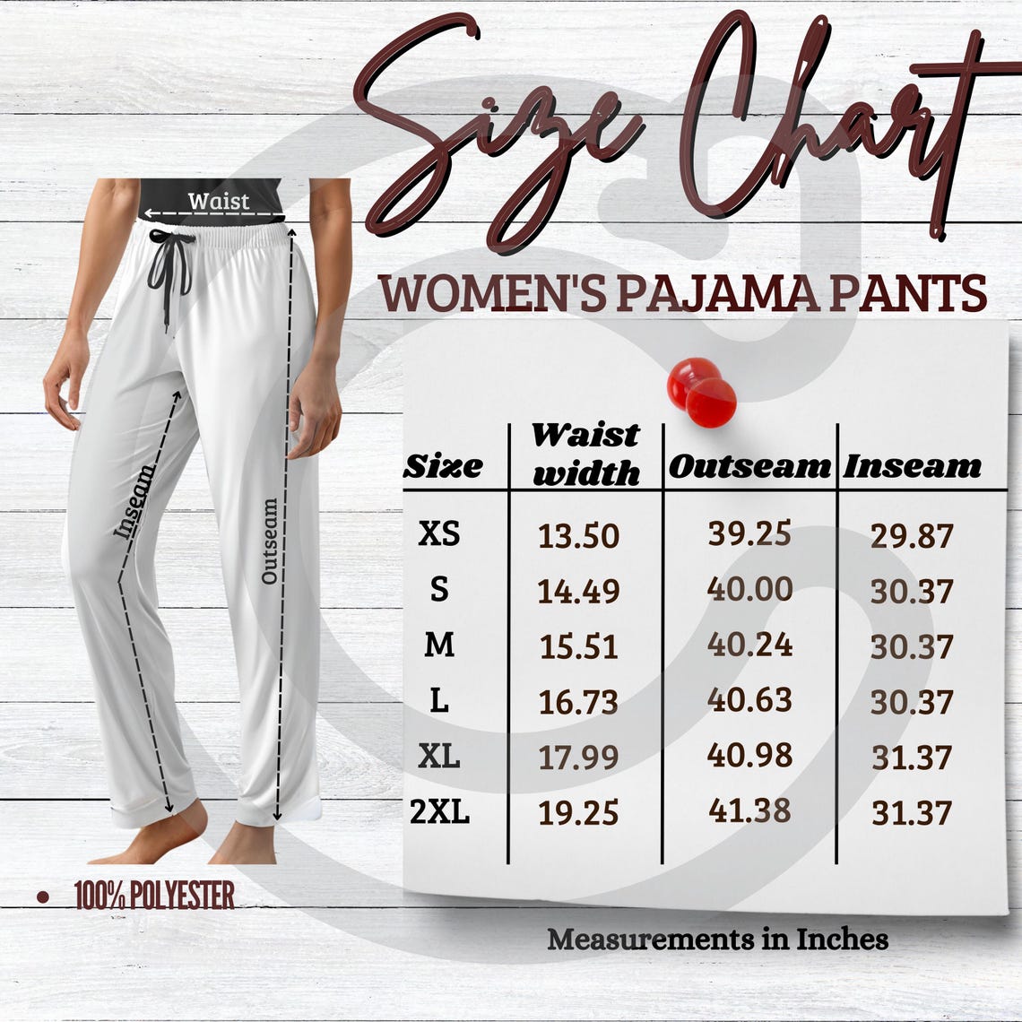 Women's Pajama Pants Size Chart, Digital Pajama Size Guide, Women's ...